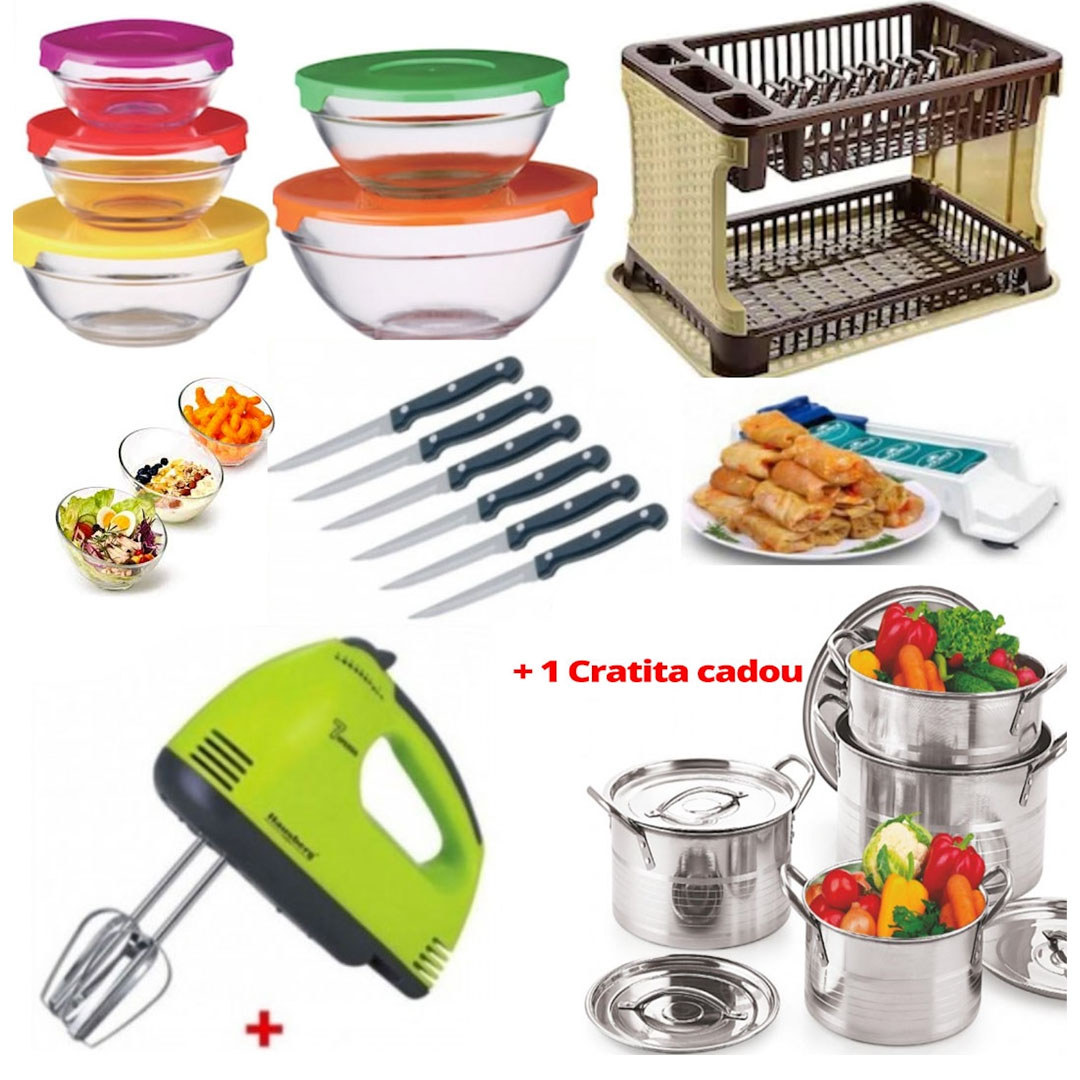 Pachet Mixt Bucatarie: Mixer electric 7 viteze, 4 palete + Suport de vase tip ratan cu tava de ...