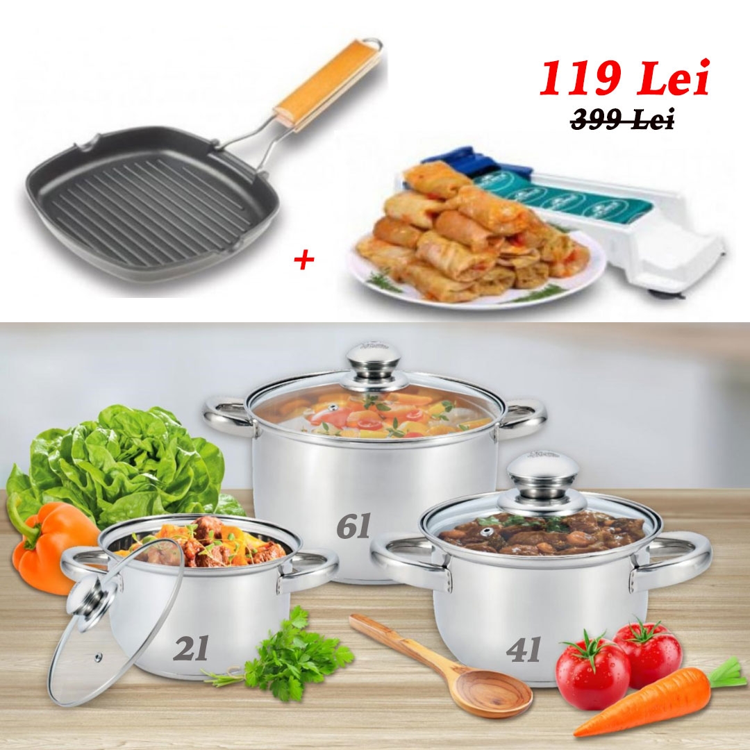 Set de gatit 5 piese: 3 oale inox, 2 capace yena + Suport/uscator de ...